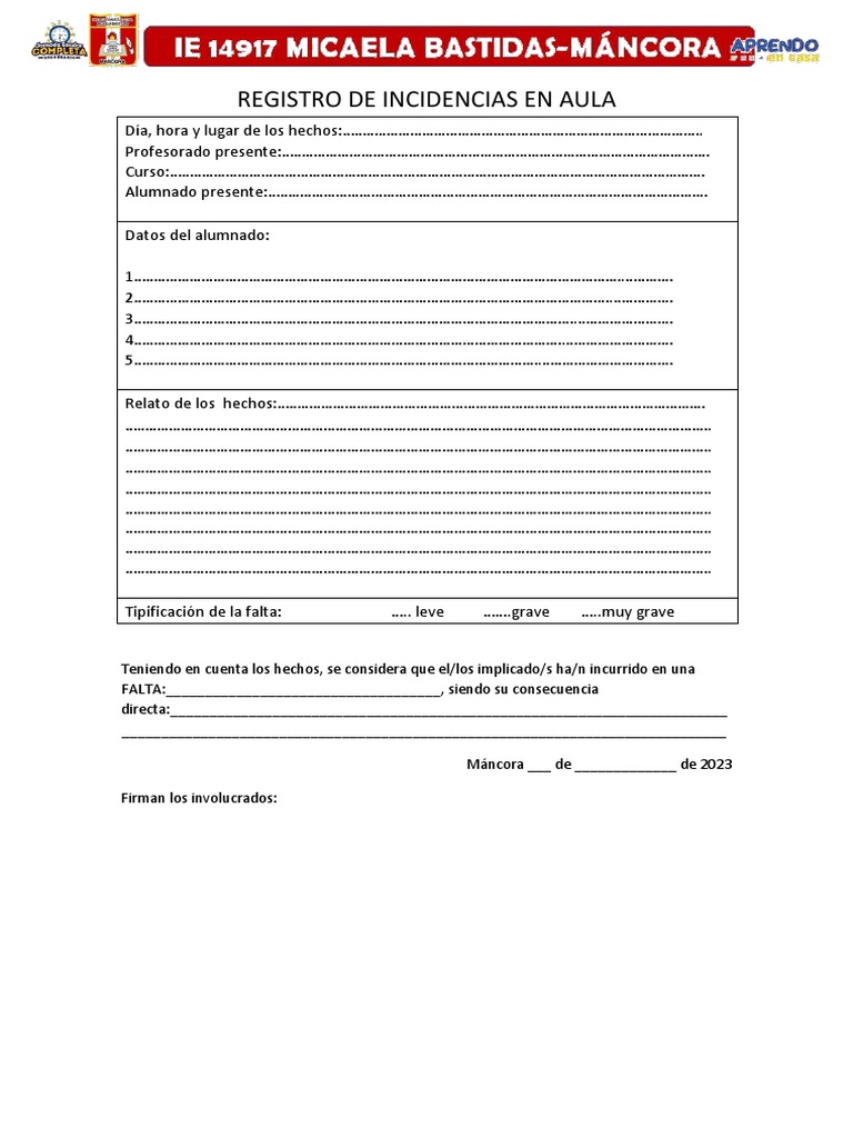 MODELO-REGISTRO-DE-INCIDENCIAS en Aula | PDF