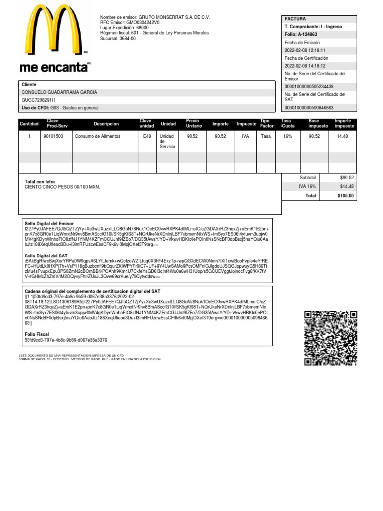 Factura de consumo de alimentos para Consulo Guadarrama García | PDF ...