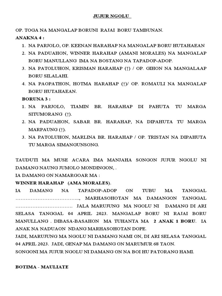 Contoh Jujur Ngolu Ni Damang | PDF | Seni & Disiplin Bahasa