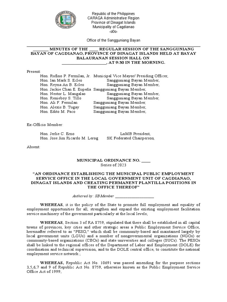 Municipal Ordinance On Peso Pdf Employment Local Government
