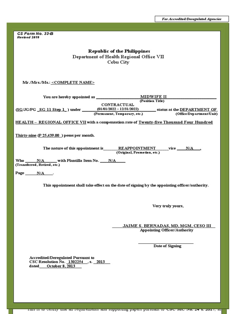 CS Form 33-B. Appointment Form-33-B - Midwife | PDF | Courts | Public Law
