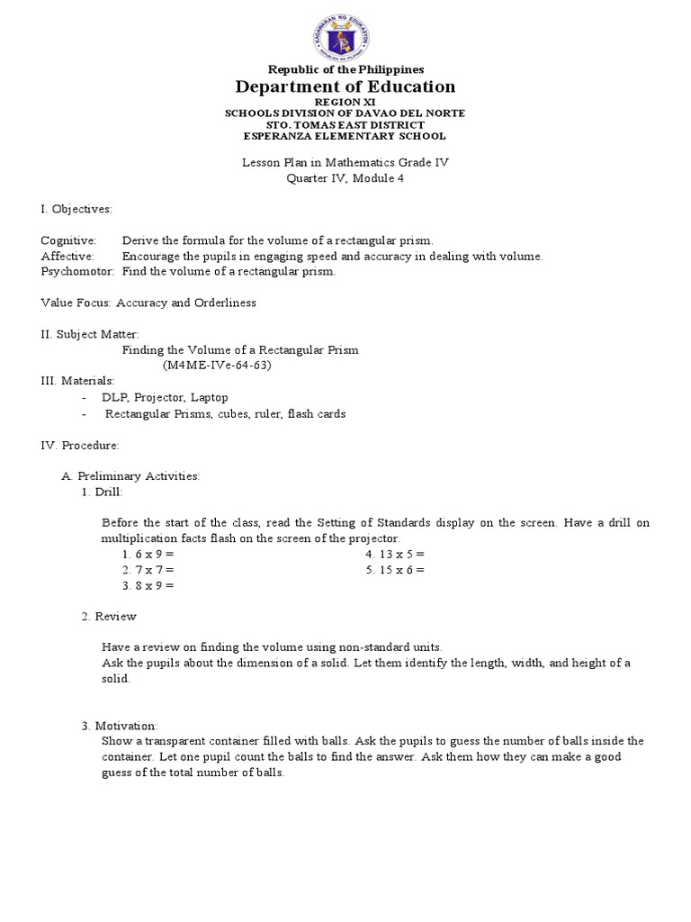 Grade 4 Lesson Plan: Volume of Prisms | PDF | Length | Volume