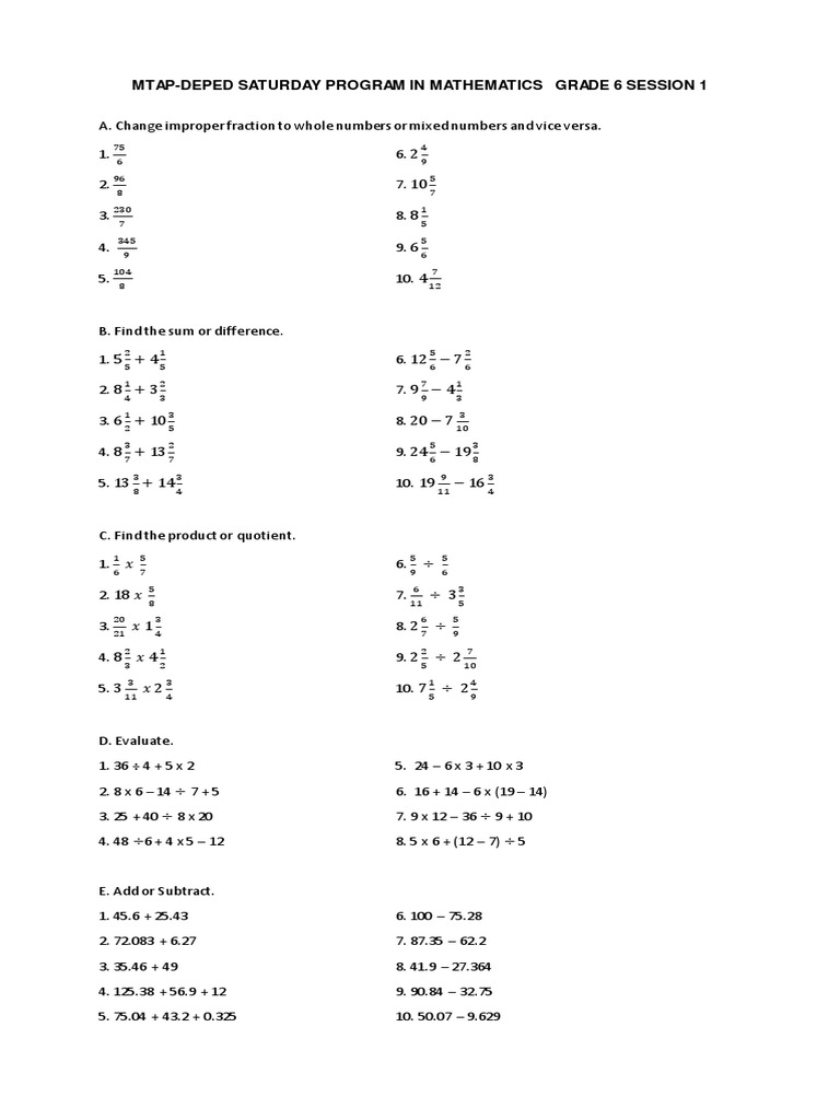 Mtap-Deped Saturday Program in Mathematics Grade 6 Session 1 | PDF ...