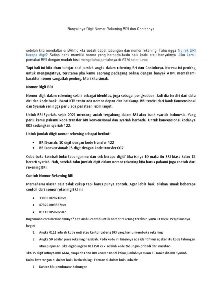 Banyaknya Digit Nomor Rekening BRI Dan Contohnya | PDF | Hukum