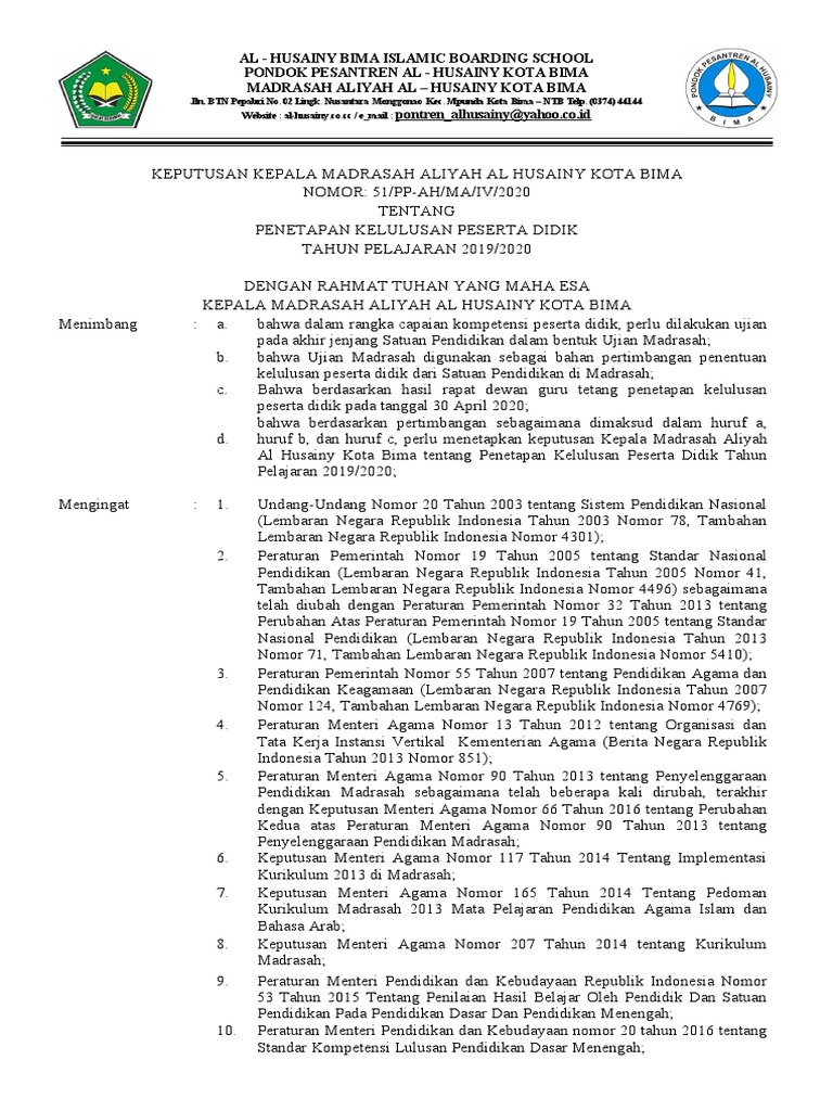 JTG Contoh SK Kelulusan Siswa Madrasah2020 | PDF