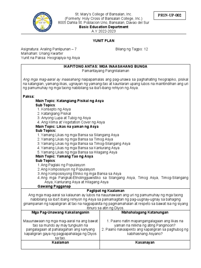 Unit Plan in A.P 7-10 | PDF