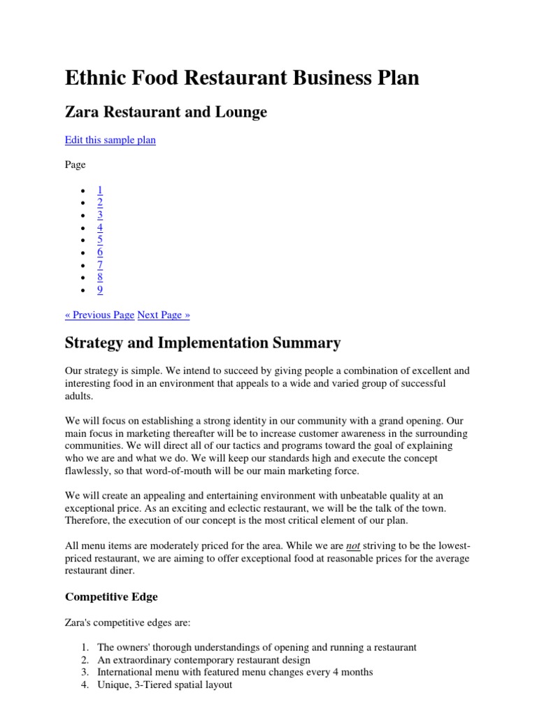 Ethnic Food Restaurant Business Plan | PDF | Restaurants | Strategic ...
