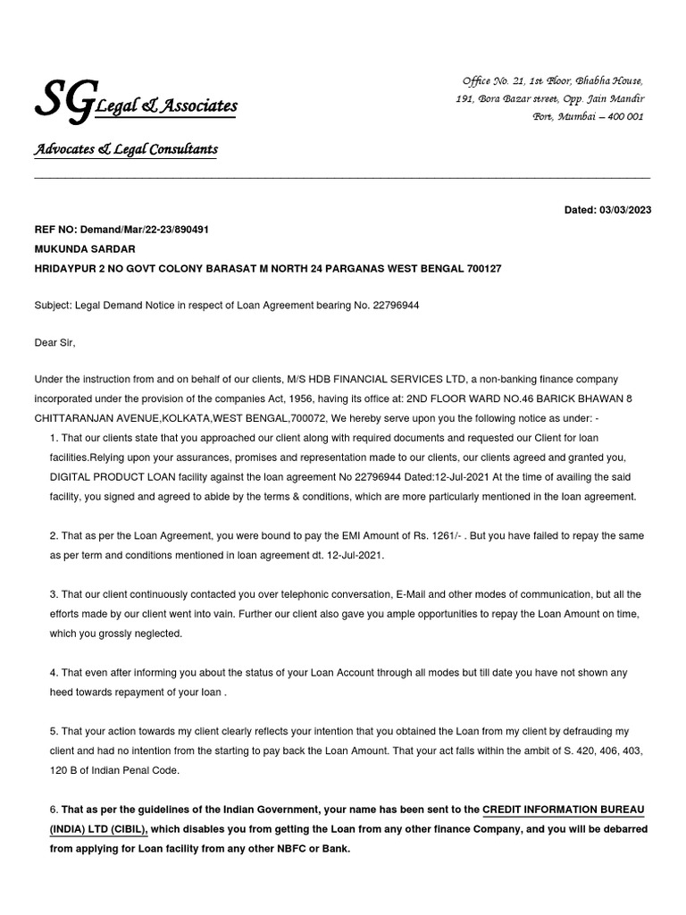Legal Notice for Loan Default | PDF | Loans | Justice