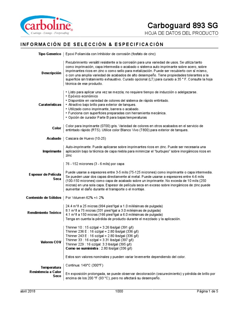 Epoxi Poliamida Carboguard - 893 - SG - PDS - Carboline | PDF ...