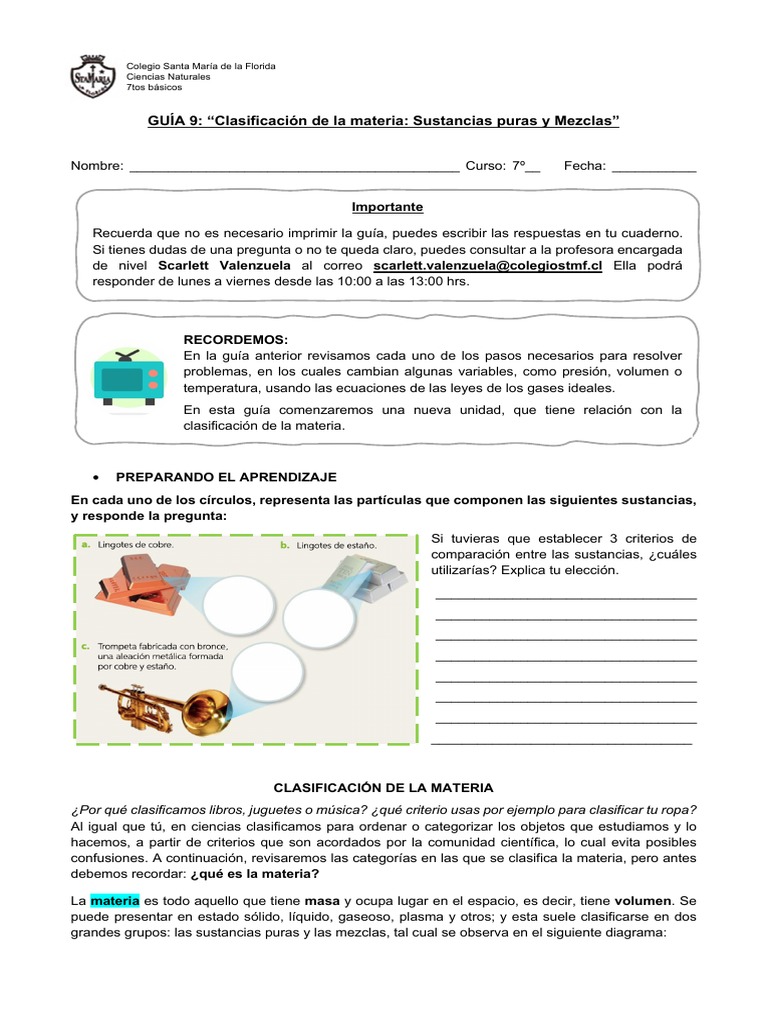 Clasificación de la Materia para 7º Básico | PDF | Mezcla | Sustancias ...