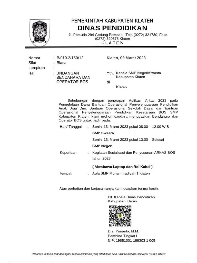 UNDANGAN UNTUK SOSIALISASI DAN PENYUSUNAN ARKAS BOS 2023 | PDF