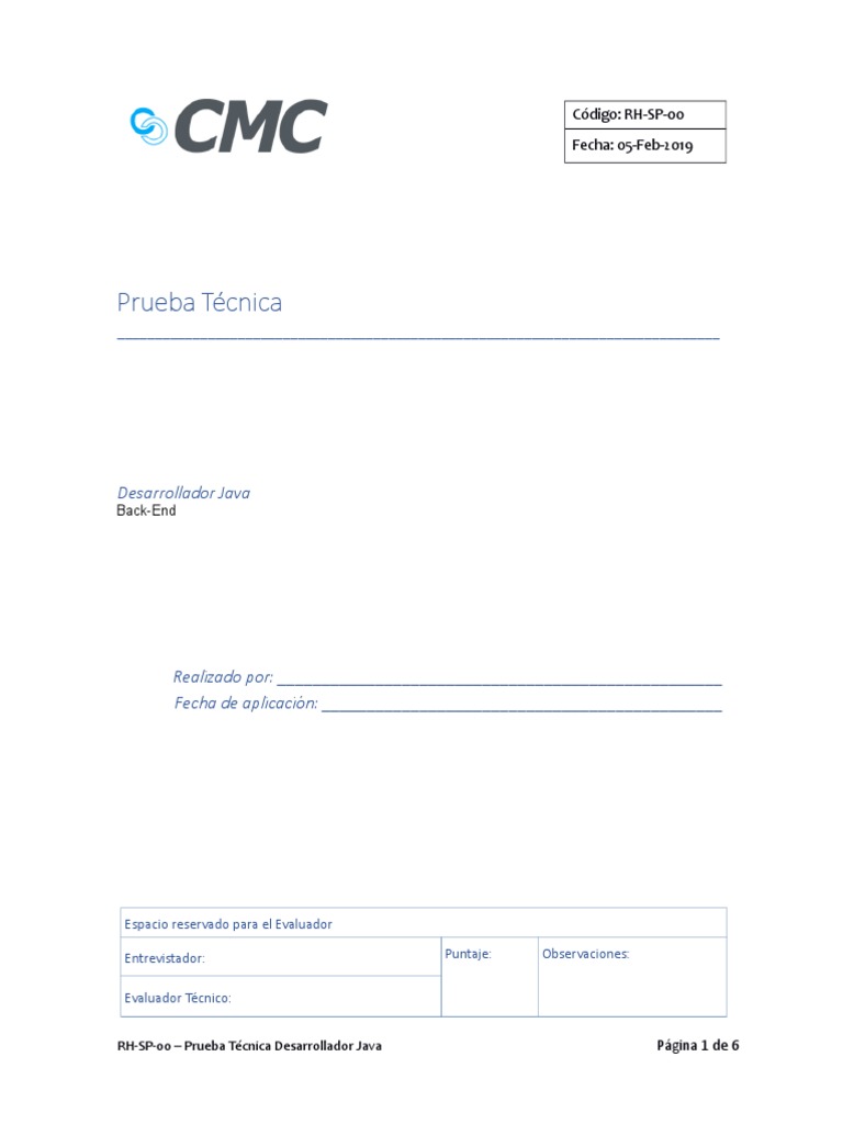 Prueba Técnica Java Developer | PDF | Java (lenguaje de programación) | C