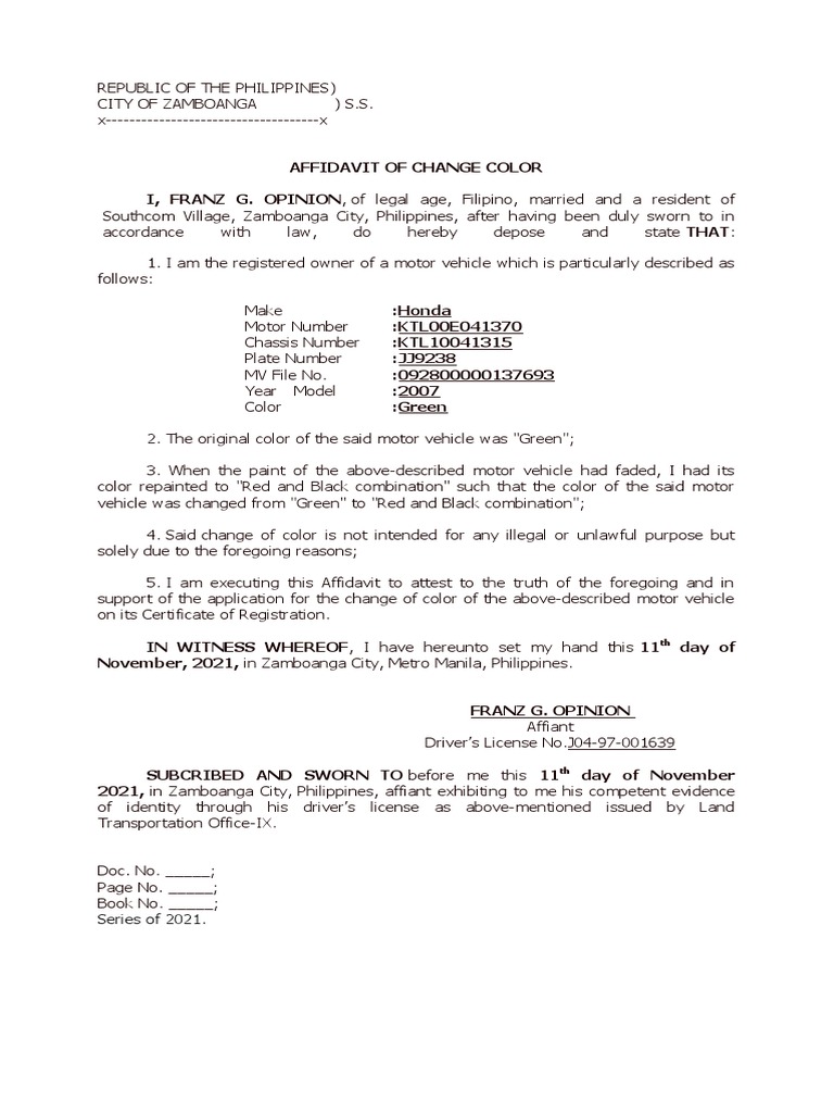 Affidavit of Change Color | PDF | Affidavit | Driving