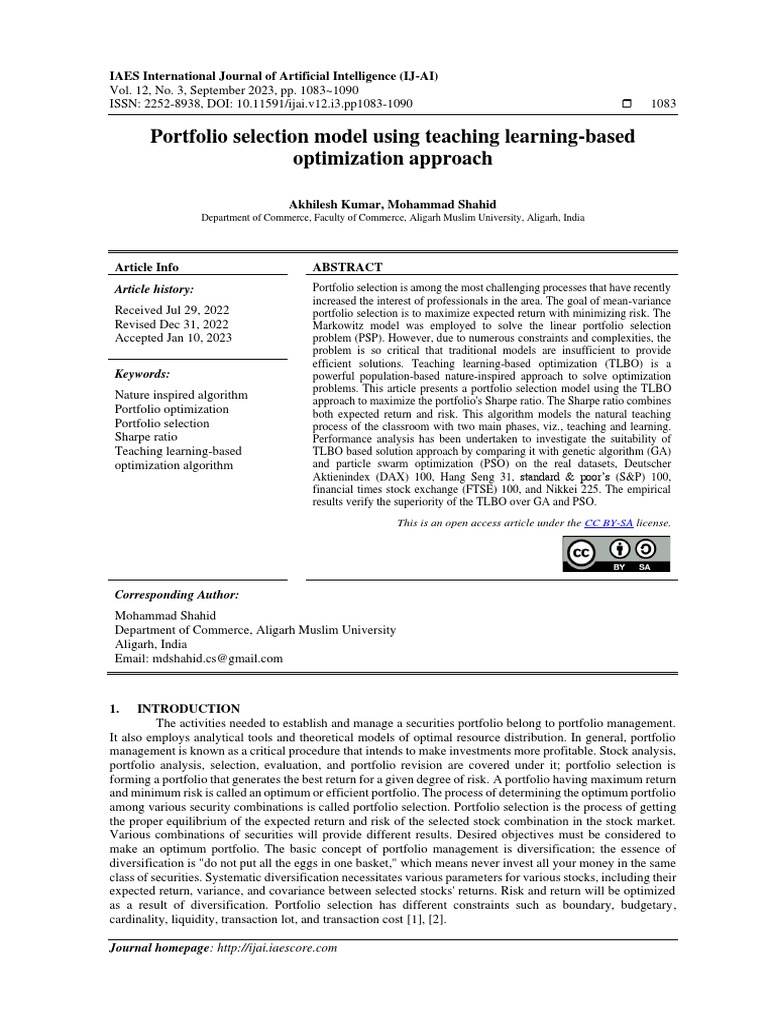 Portfolio Selection Model Using Teaching Learning-Based Optimization ... Portfolio Selection Model Using Teaching Learning-Based Optimization ...