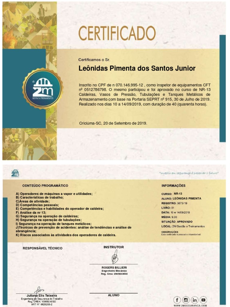 Certificado NR-13 | PDF