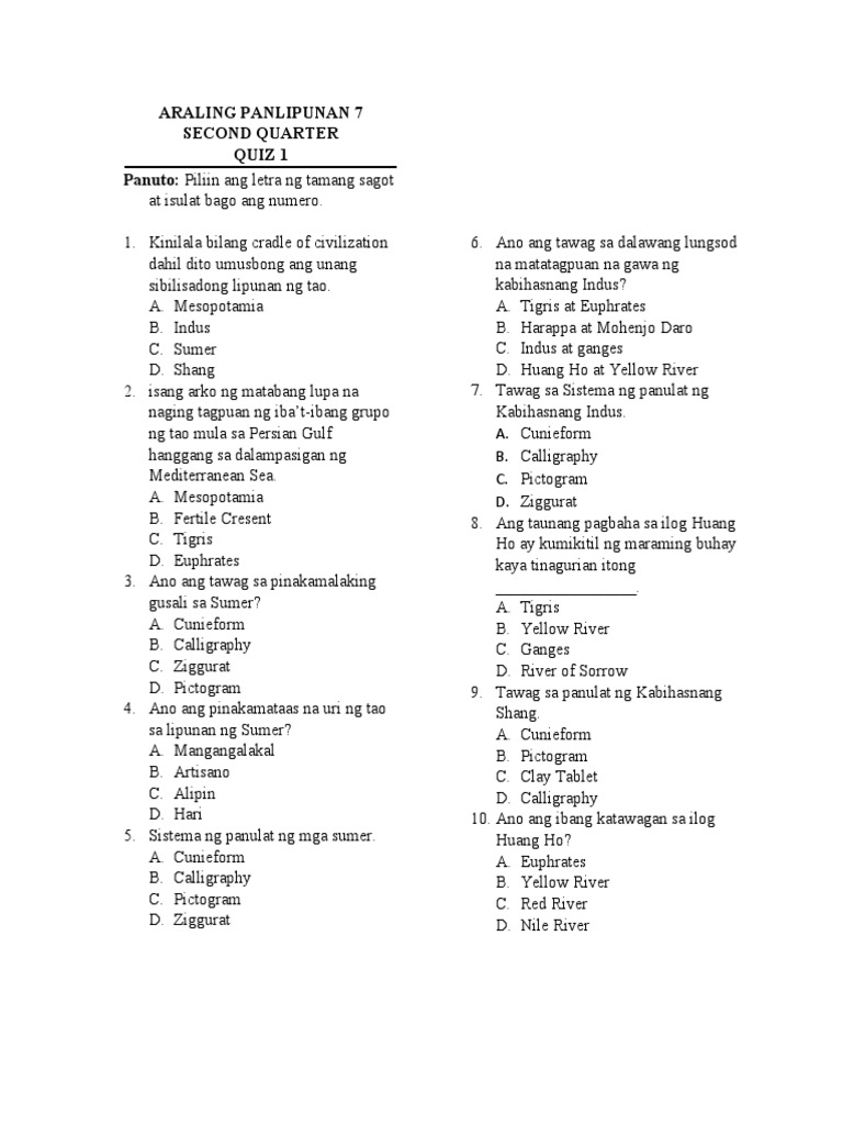 ARALING PANLIPUNAN 7 q2 Quiz 1 | PDF