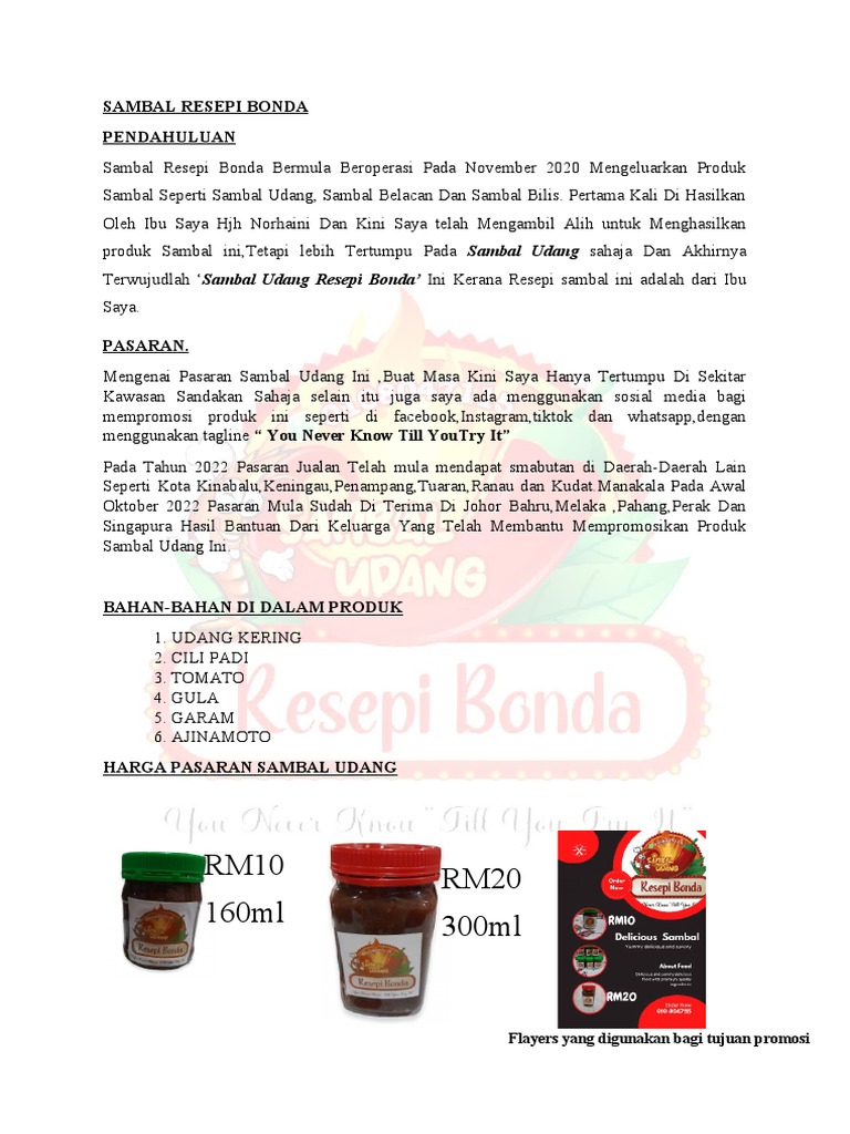 Sambal Udang Resepi Bonda: Produk Asli Sandakan | PDF | Bisnis ...