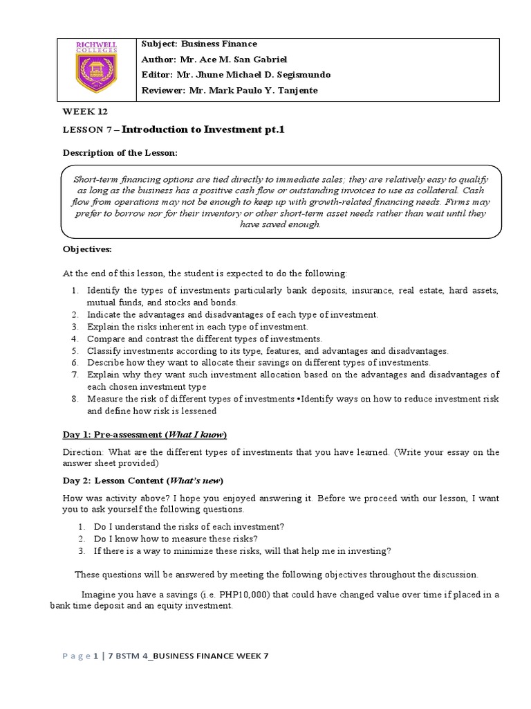 BUSINESS FINANCE Week 12 | PDF | Financial Risk | Investing