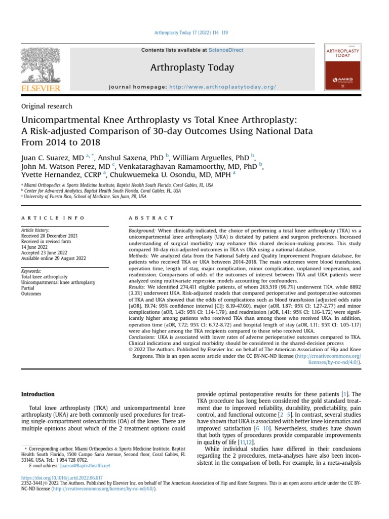 Unicompartmental Knee Arthroplasty Vs Total Knee Arthroplasty - 2022 - Arthrop | PDF