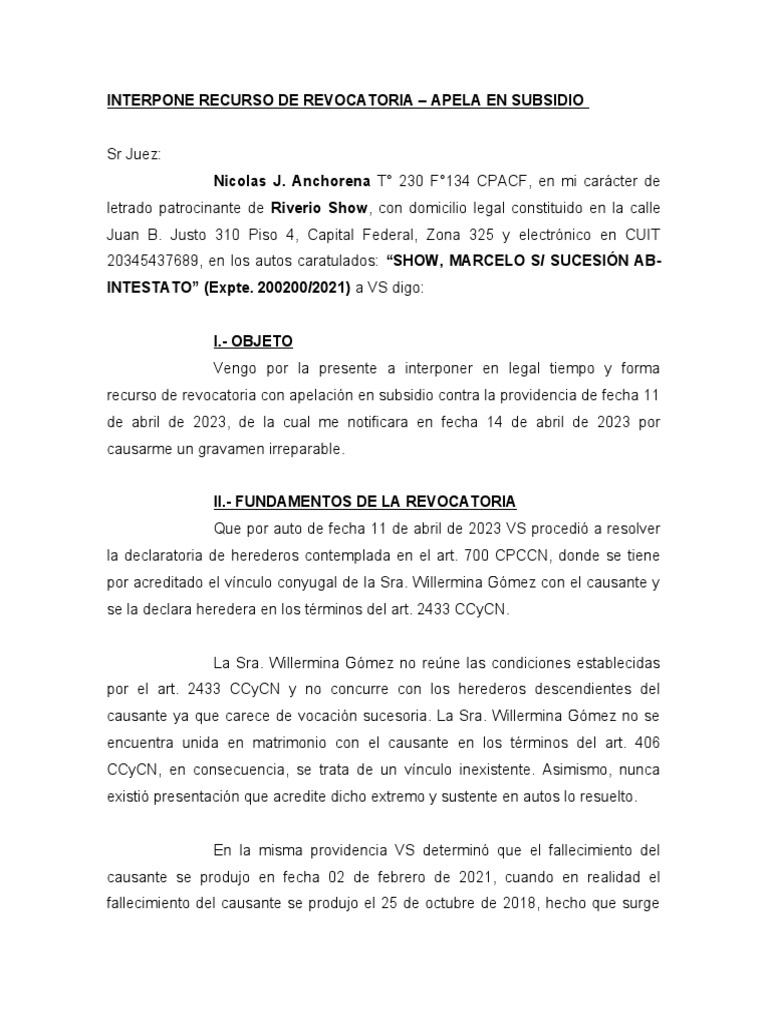 MODELO - Escrito Interpone Recurso de Revocatoria Apelacion en Subsidio | PDF | Apelación ...