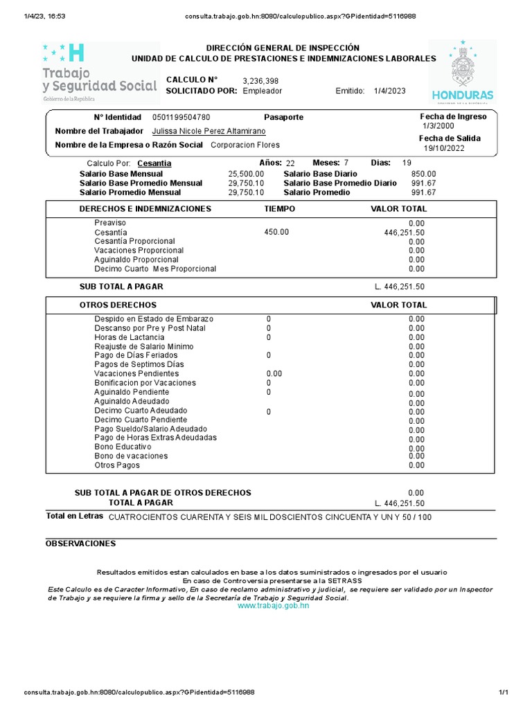 Calculo Preaviso 25 Marzo Julissa Perez | PDF | Salario | Salario mínimo