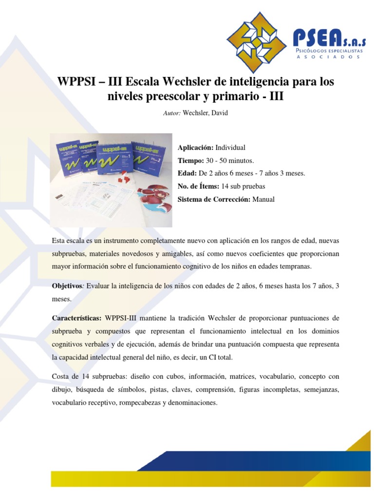 WPPSI - III Escala Wechsler de Inteligencia para Los Niveles Preescolar ...