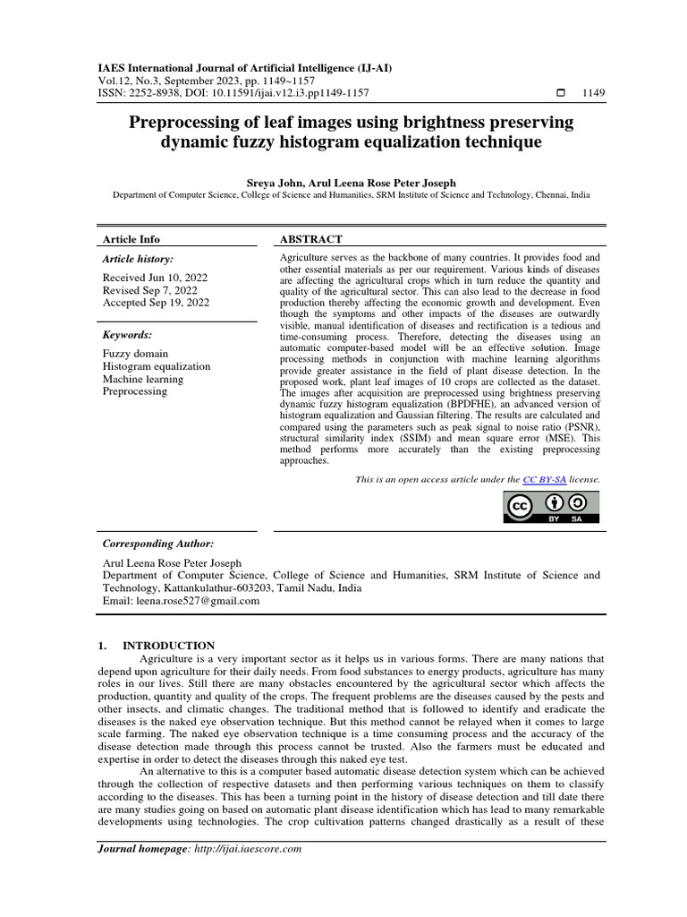 Preprocessing Of Leaf Images Using Brightness Preserving Dynamic Fuzzy Histogram Equalization