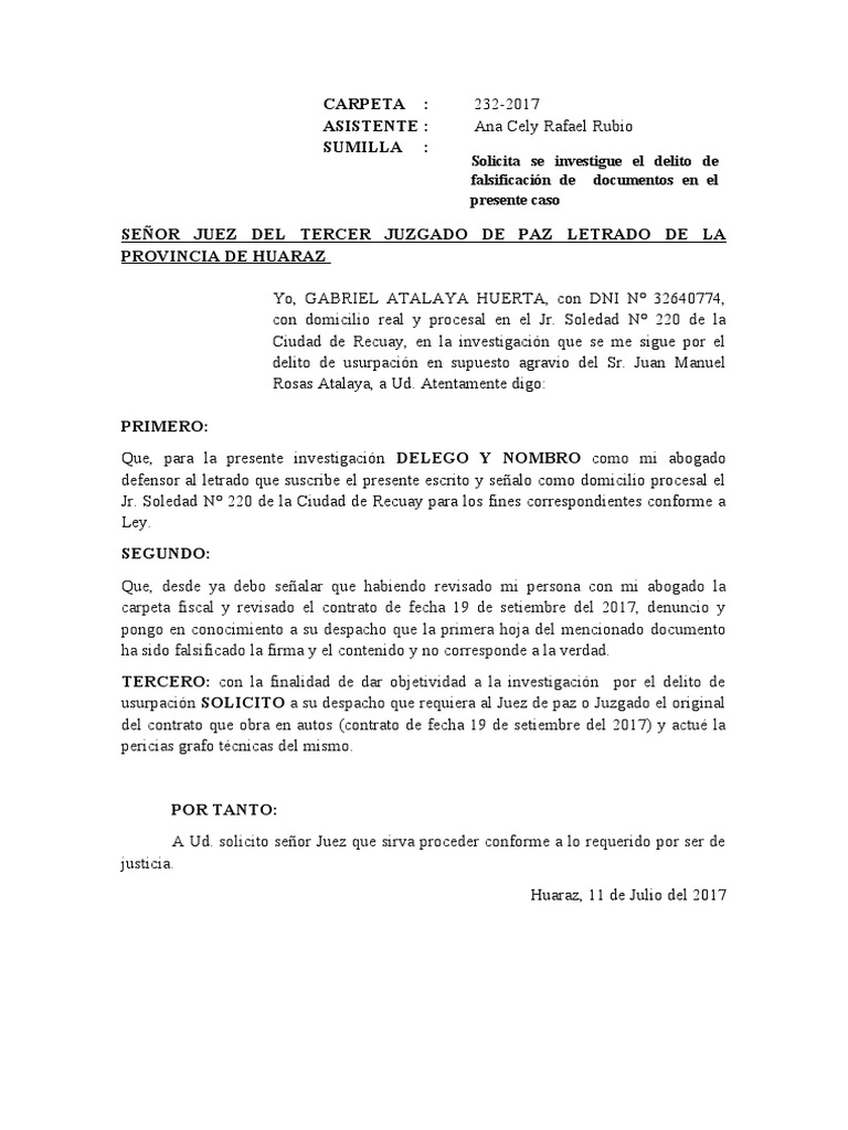 Solicita Investigue Delito de Falsificación de Documentos | PDF