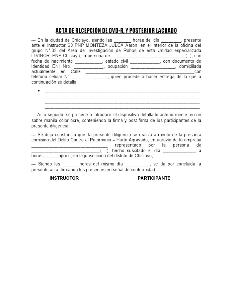 Acta de Recepción de DVD-R y Lacrado | PDF