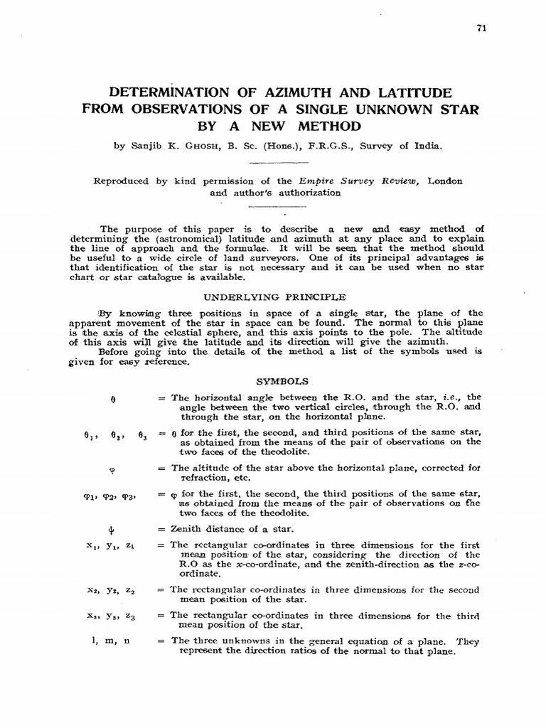 Determination of Azimuth and Latitude From Observations of A Single Unknown Star by A New Method ...