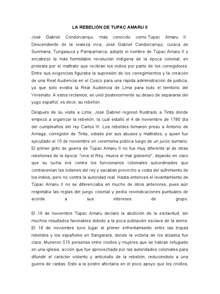 La Rebelión de Tupac Amaru Ii | PDF | Antiguas colonias españolas | Colonización española de las ...