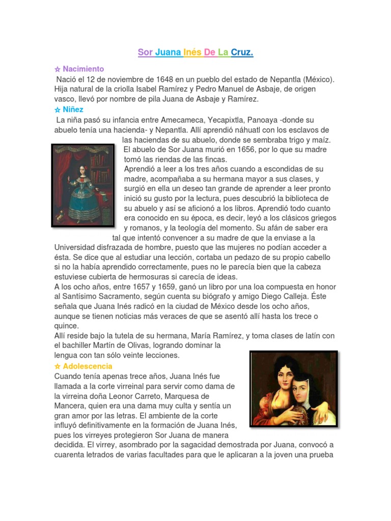 Biografía Sor Juana Inés de La Cruz Completa Con Imágenes | PDF