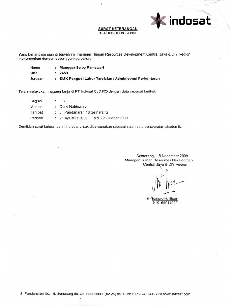 Sertifikat Magang INDOSAT | PDF