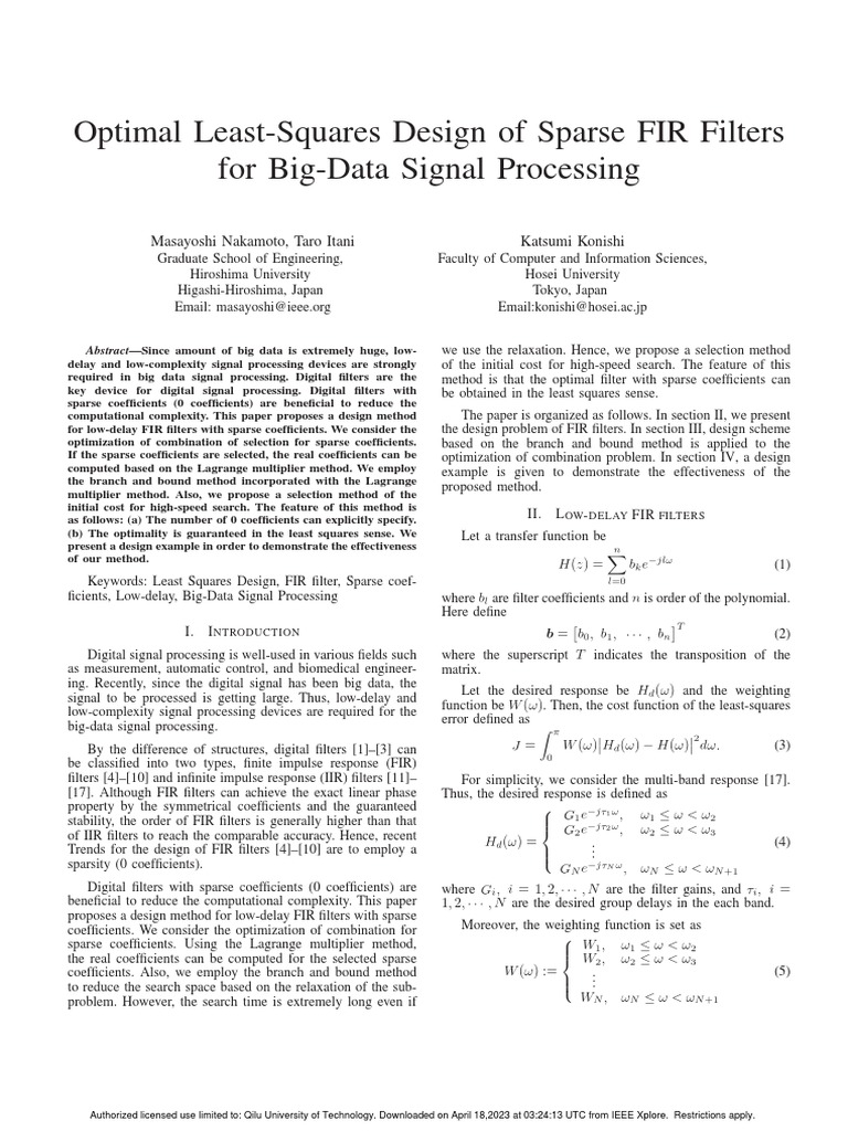 Optimal Least-Squares Design of Sparse FIR Filters For Big-Data Signal Processing | PDF ...