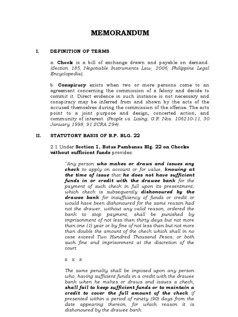 Memorandum On B.P. Blg. 22 | PDF | Burden Of Proof (Law) | Conspiracy (Criminal)