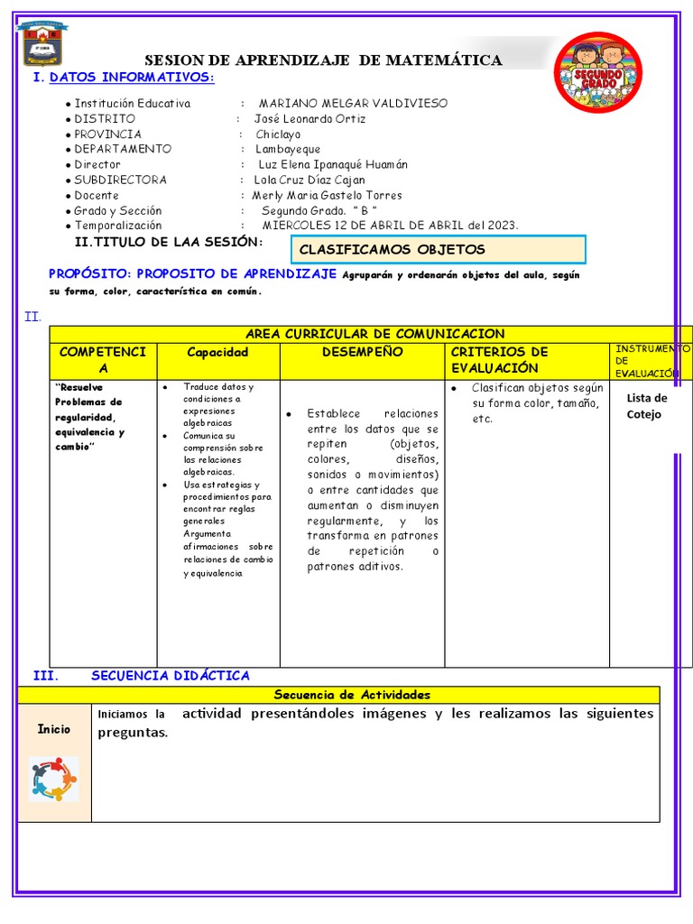Sesión Aprendizaje Matemática Clasificar Objetos | PDF | Evaluación ...