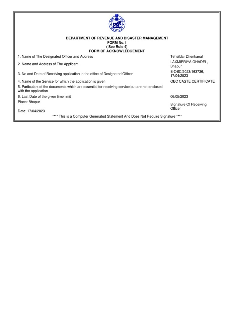 Department of Revenue and Disaster Management Form No. I (See Rule 4 ...