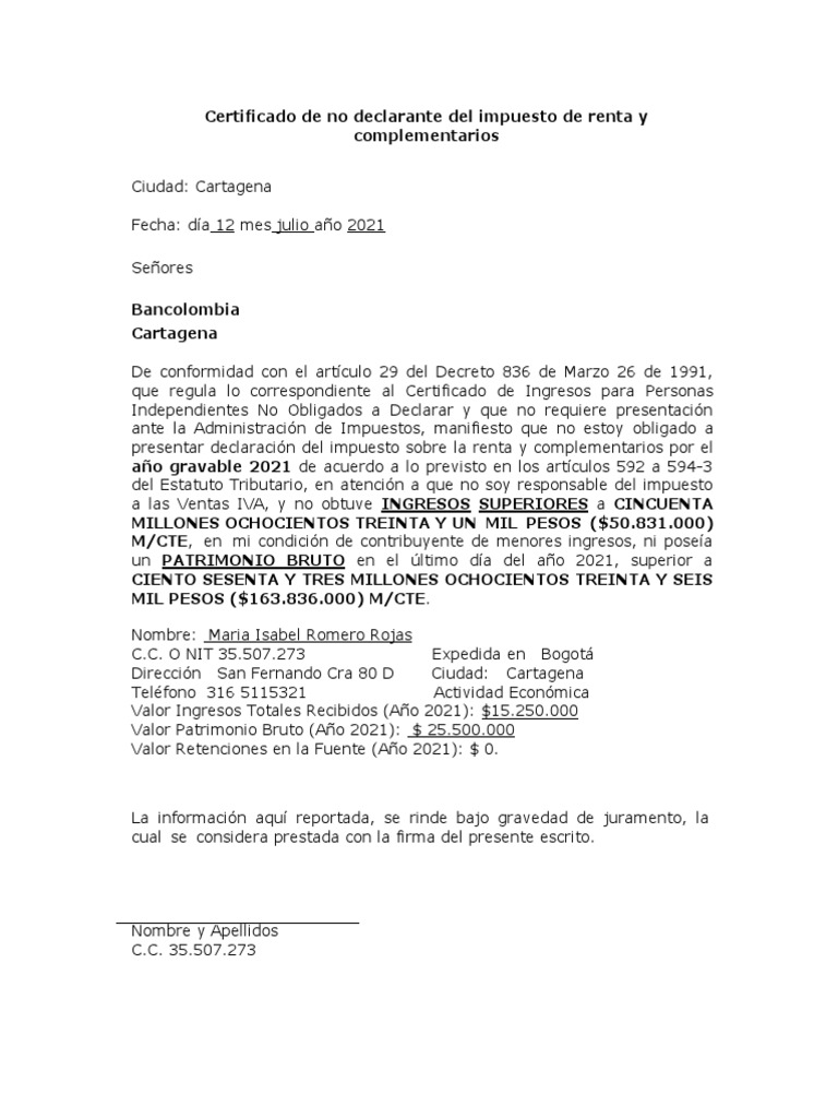 Certificado de No Declarante Del Impuesto de Renta y Complementarios | PDF | Finanzas y dinero