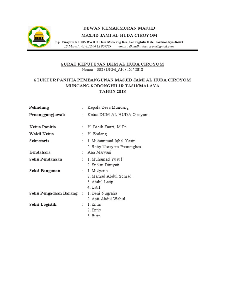 Susunan Pengurus DKM Al Huda Ciroyom | PDF