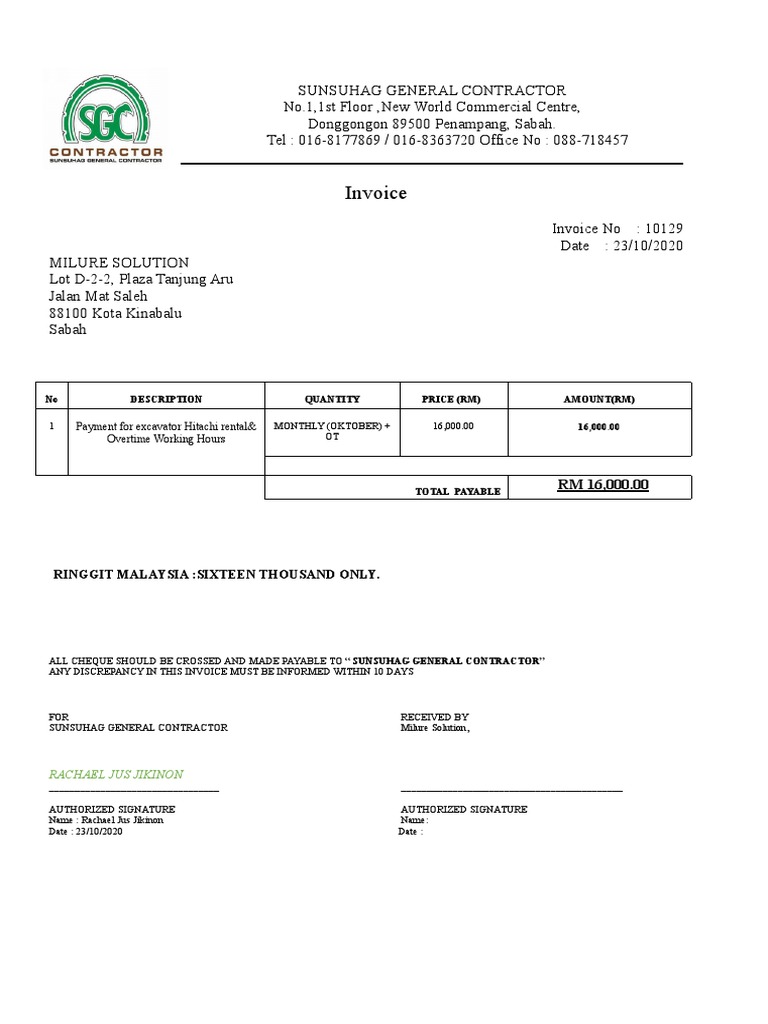Excavator Rental Inv 10129 Pdf