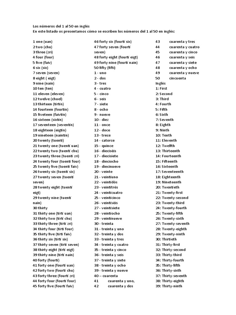 Números del 1 al 50 en inglés | PDF