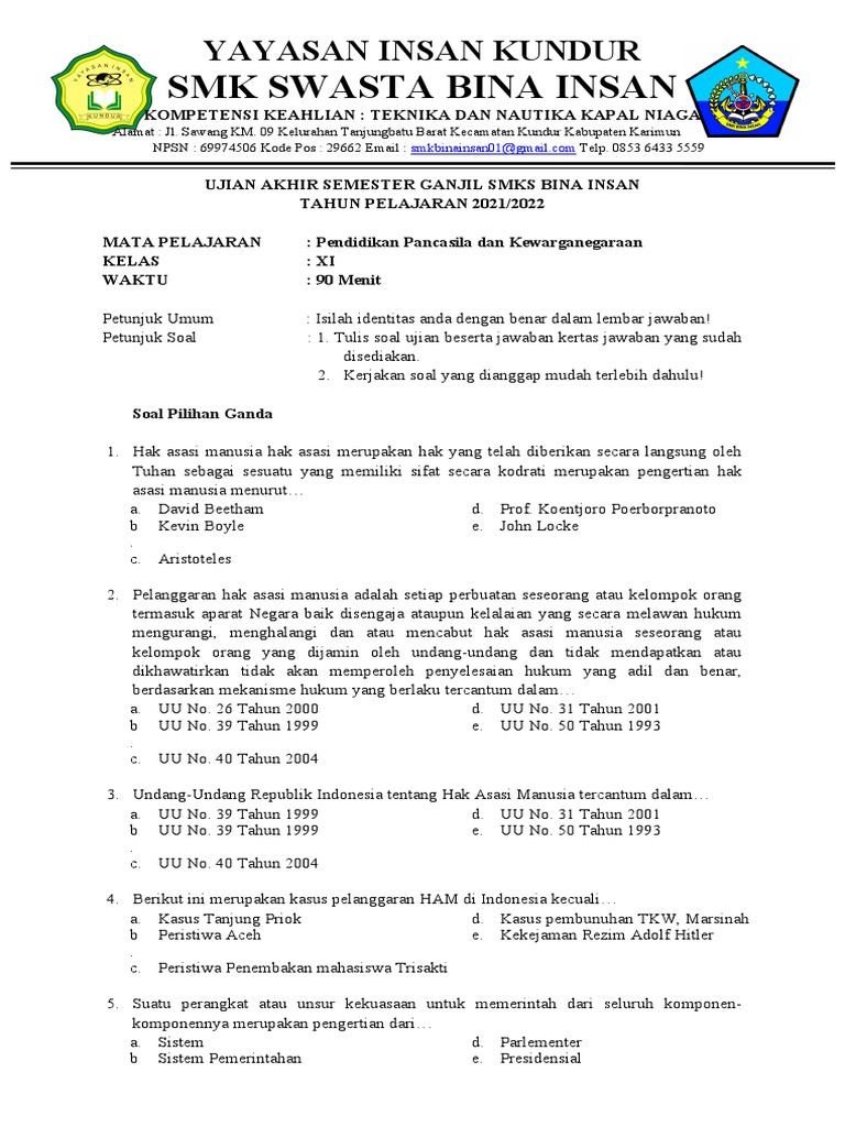 Soal PAS PKN Kelas XI 2021-2022 (27 Rangkap) | PDF