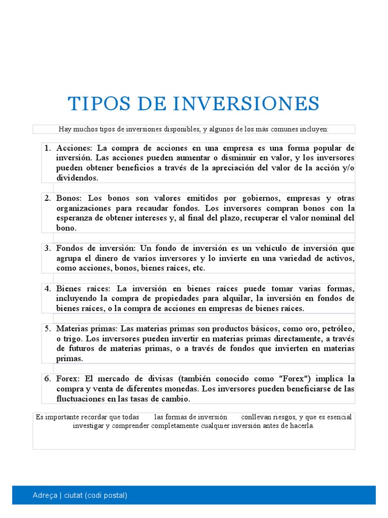 Tipos de Inversion | PDF | Compartir (Finanzas) | Inversiones
