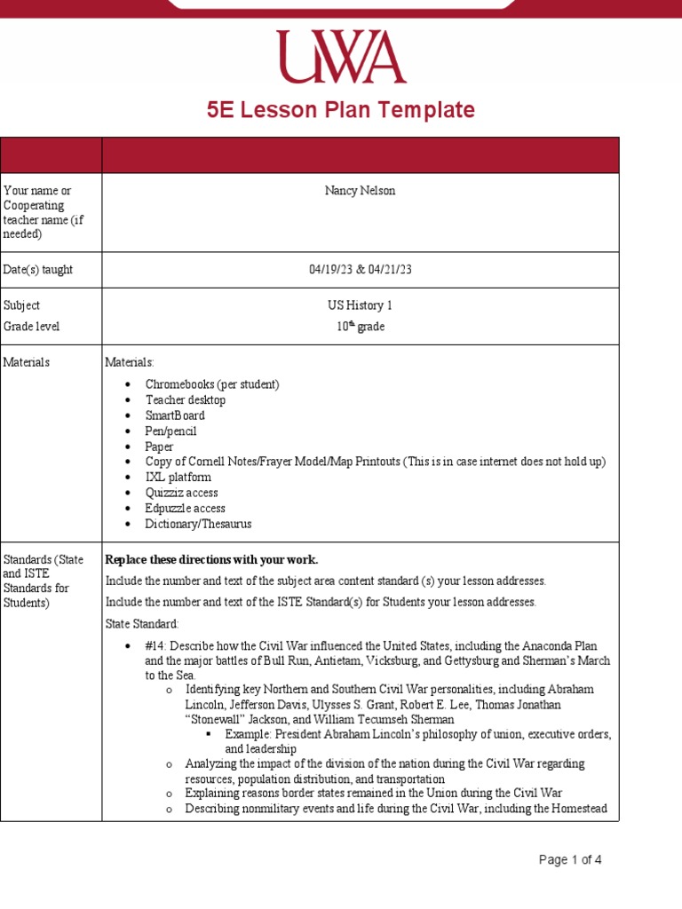 Nelson 5e Lesson Plan | PDF | American Civil War | Cognitive Science