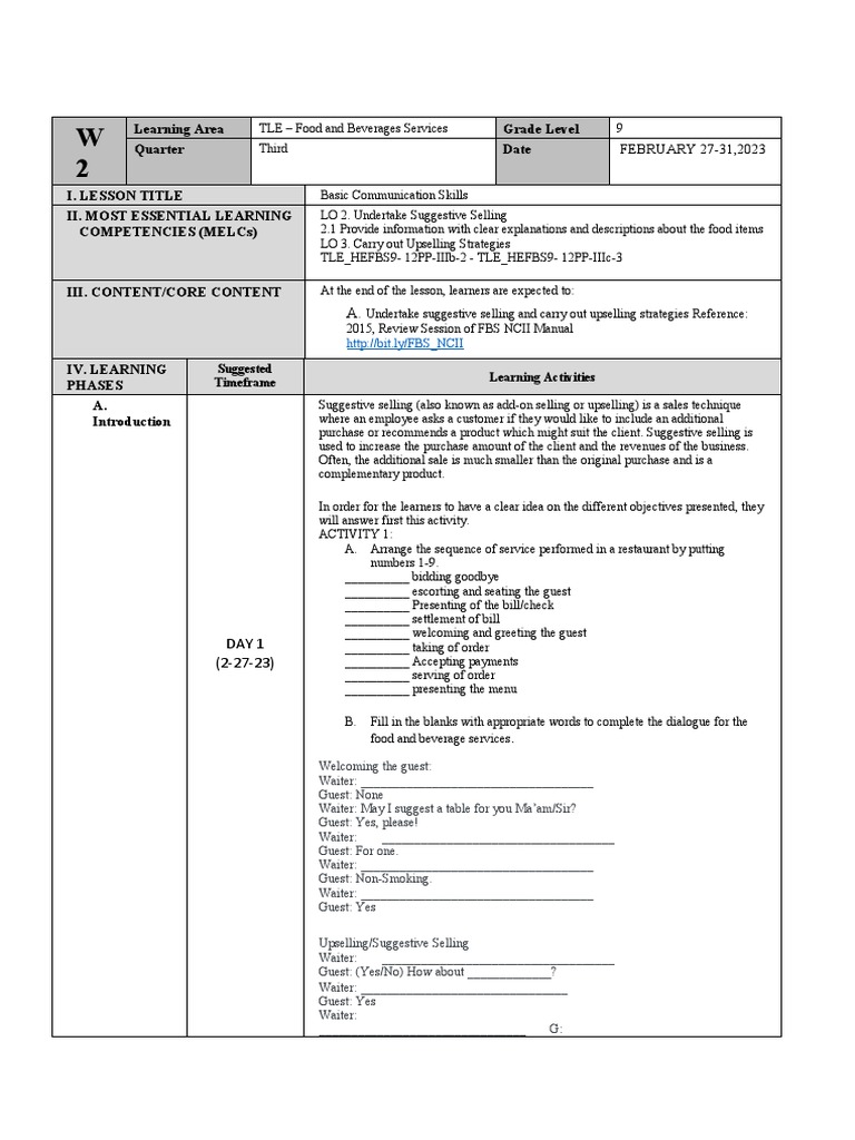 FBS Week 2 Grade 9 Leap 1 | PDF | Waiting Staff | Learning