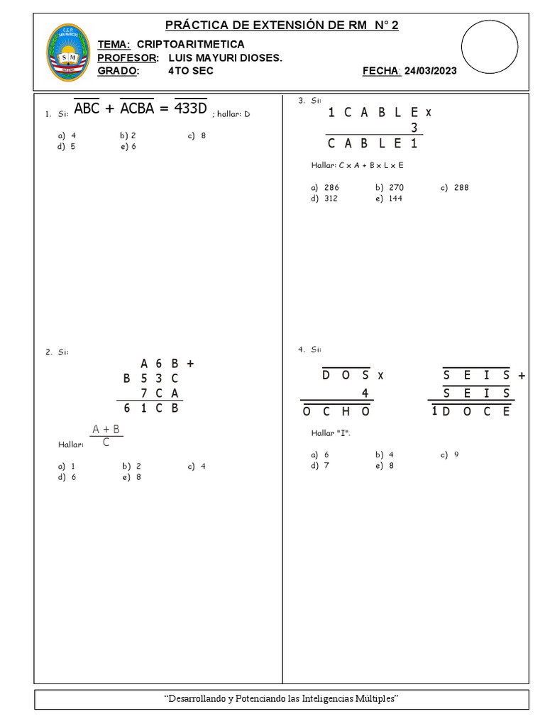 Practica Extensión 2 - Criptoaritmetica - RM - 4to Sec | PDF | Métodos y materiales de enseñanza