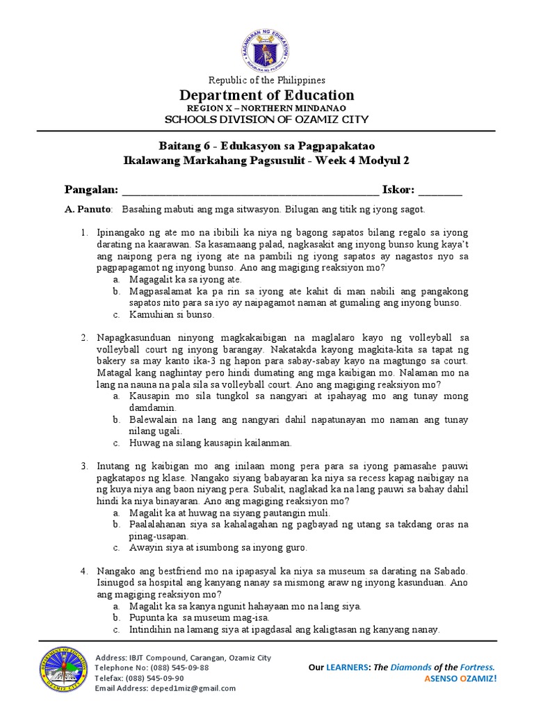 EsP Grade 6 Written Test Week 4 Mod 2 Q2 | PDF