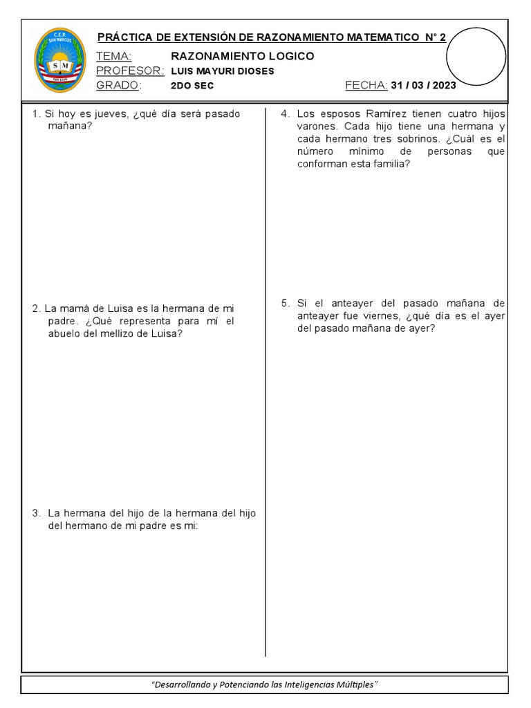 Practica de Extension 2 - Razonamiento Logico - RM - 2do Sec | PDF
