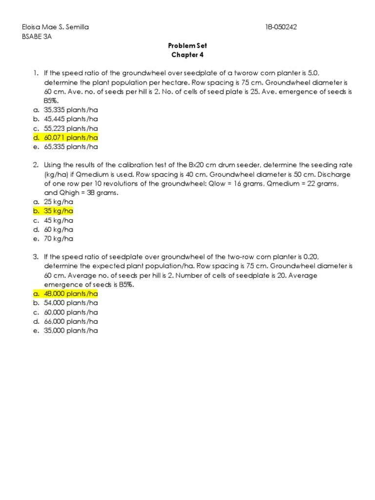 Eloisa Mae S. Semilla - ABE 131 Lecture (Chapter 4) Problem Set | PDF | Home & Garden | Science ...