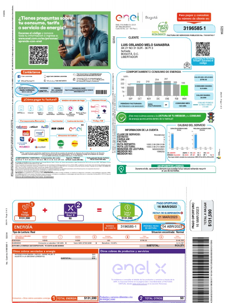 Información de factura de servicios públicos de ENEL Colombia para Luis Orlando Melo Sanabria ...